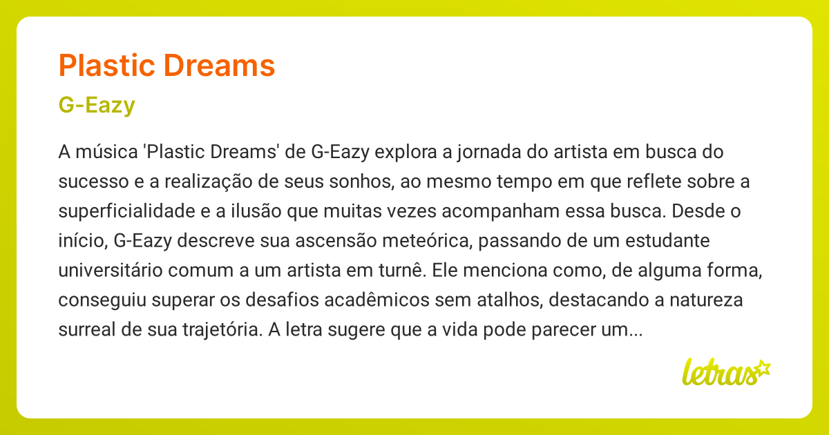 Significado da música PLASTIC DREAMS (G-Eazy) - LETRAS.MUS.BR