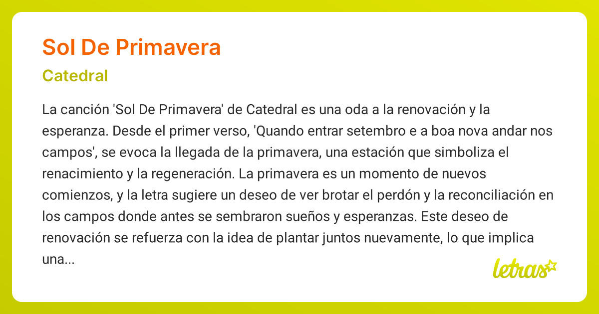 Significado de la canción SOL DE PRIMAVERA (Catedral) - LETRAS.COM