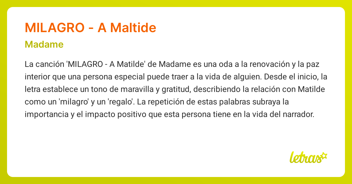 Significado de la canción MILAGRO - A MALTIDE (Madame) - LETRAS.COM