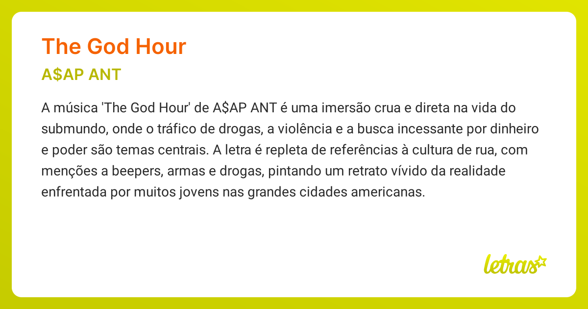 Significado da música THE GOD HOUR (A$AP ANT) - LETRAS.MUS.BR