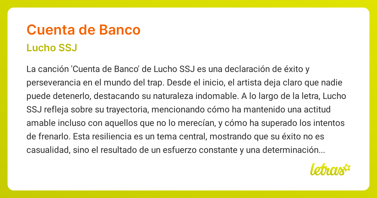 Significado de la canción CUENTA DE BANCO (Lucho SSJ) - LETRAS.COM