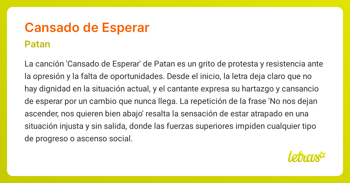 Significado de la canción CANSADO DE ESPERAR (Patan) - LETRAS.COM