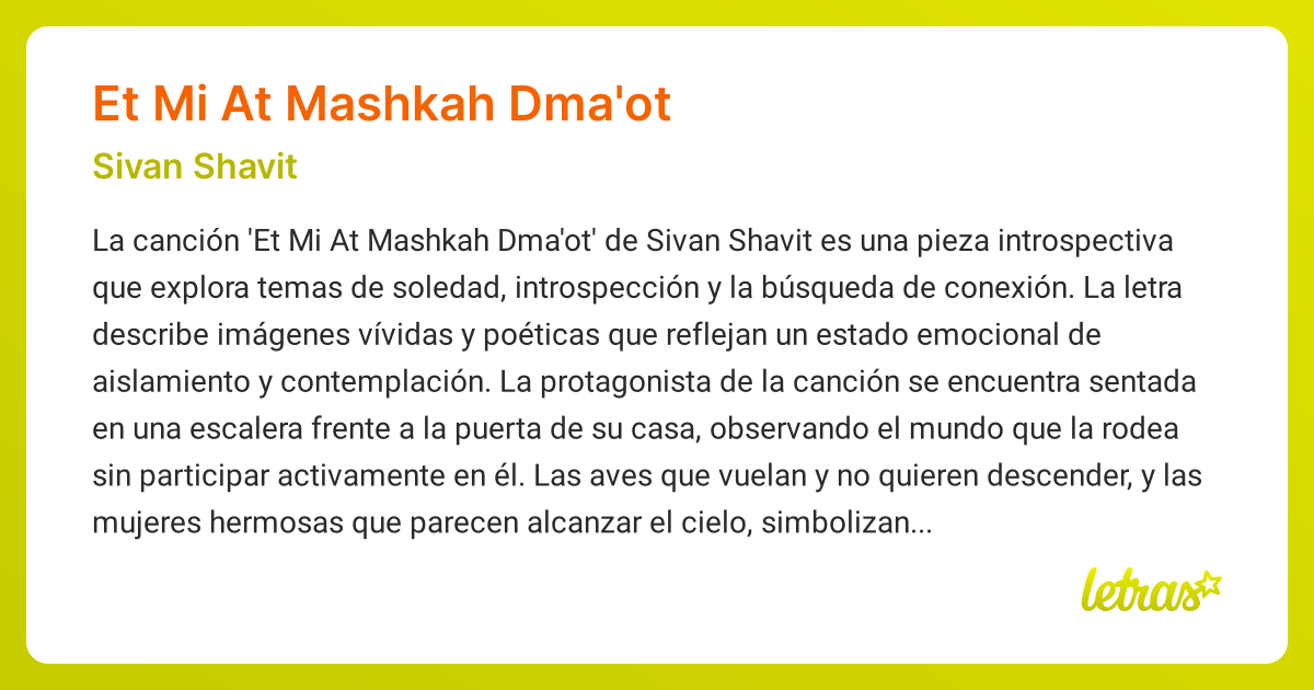 Significado de la canción ET MI AT MASHKAH DMA'OT (Sivan Shavit ...