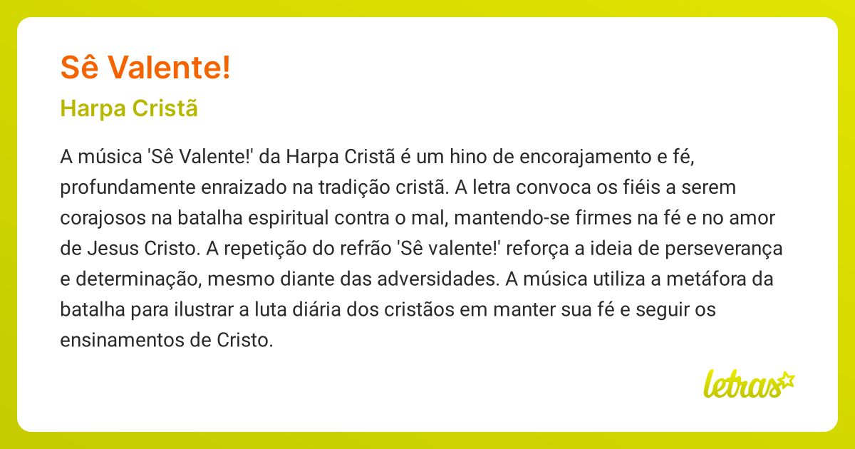 Significado da música SÊ VALENTE! (Harpa Cristã) - LETRAS.MUS.BR