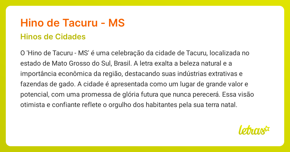Significado da música HINO DE TACURU - MS (Hinos de Cidades) - LETRAS ...