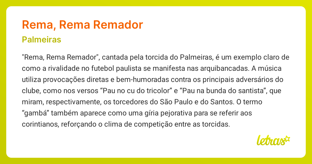 Significado da música REMA, REMA REMADOR (Palmeiras) - LETRAS.MUS.BR