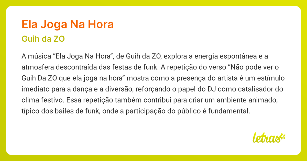 Significado da música ELA JOGA NA HORA (Guih da ZO) - LETRAS.MUS.BR