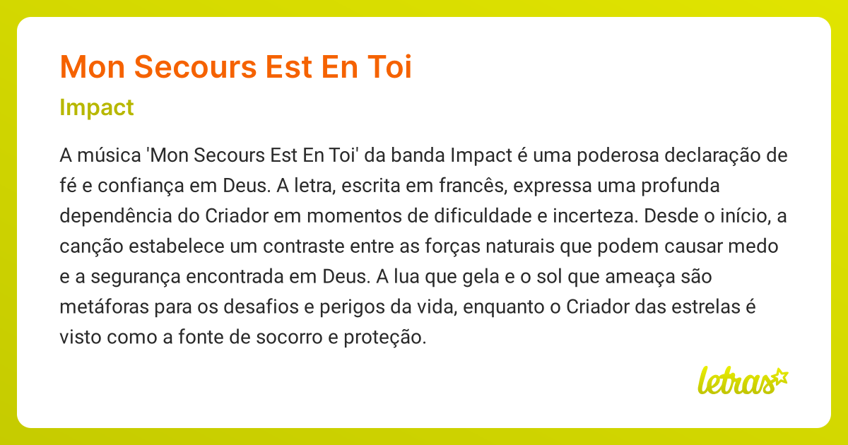 Significado da música MON SECOURS EST EN TOI (Impact) - LETRAS.MUS.BR