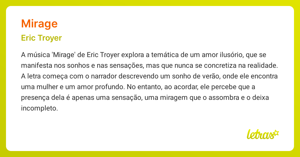 Significado da música MIRAGE (Eric Troyer) - LETRAS.MUS.BR