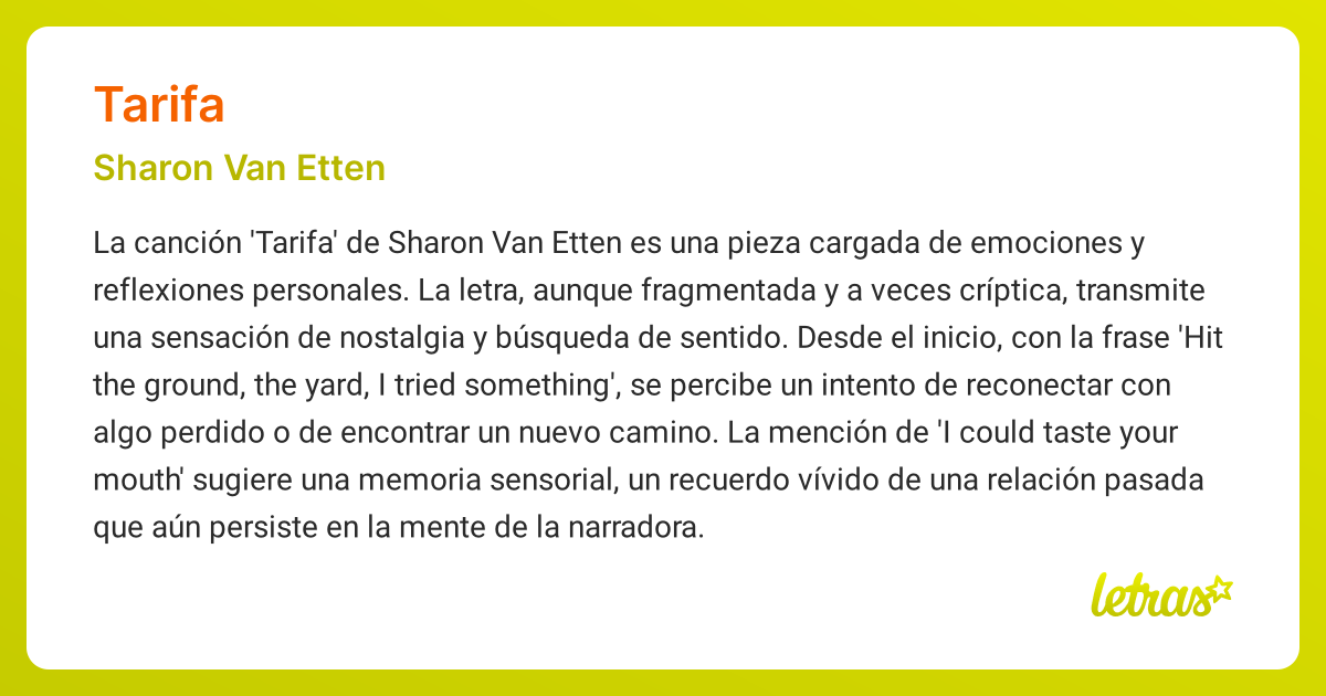 Significado de la canción TARIFA (Sharon Van Etten) - LETRAS.COM