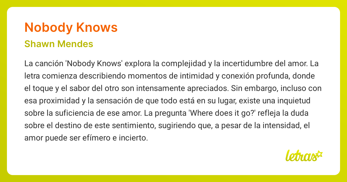 Significado de la canción NOBODY KNOWS (Shawn Mendes) - LETRAS.COM