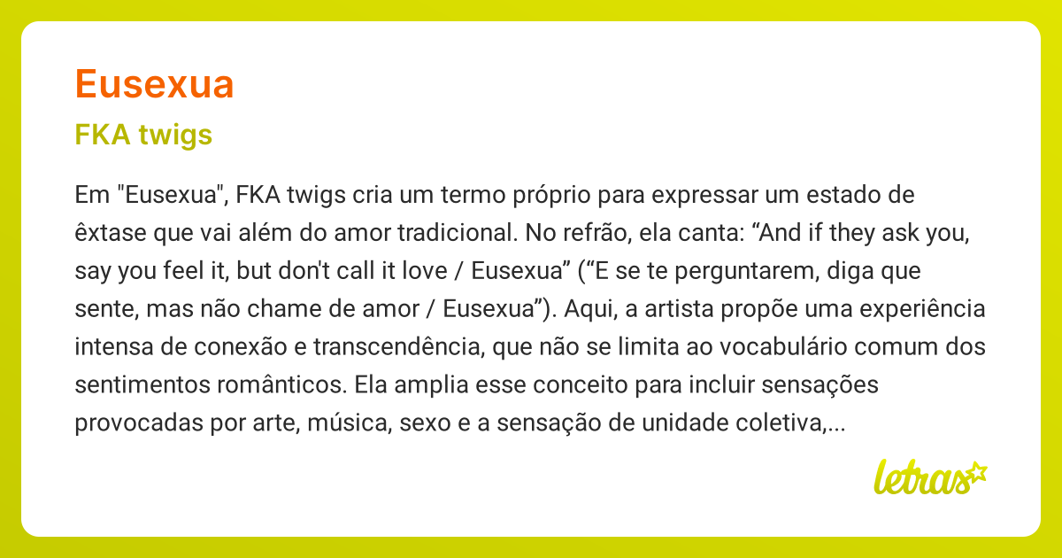 Significado da música EUSEXUA (FKA twigs) - LETRAS.MUS.BR