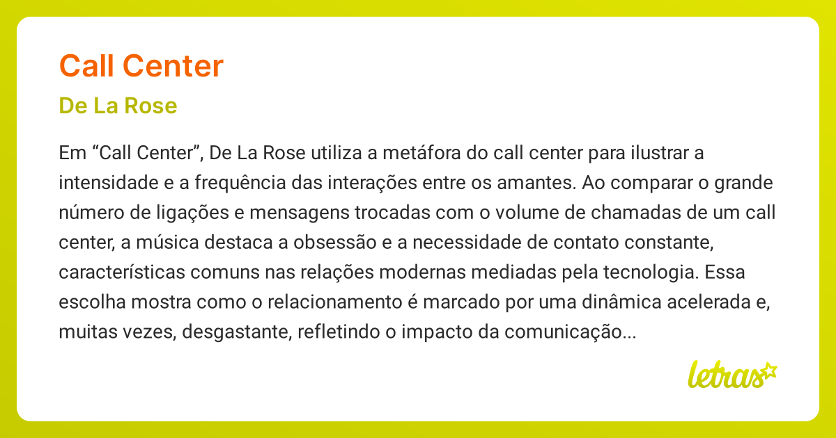 Significado da música CALL CENTER (De La Rose) - LETRAS.MUS.BR