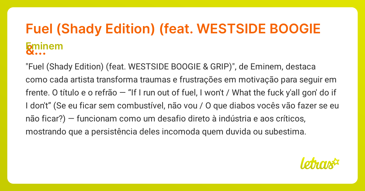 Significado da música Fuel (Shady Edition) (feat. WESTSIDE BOOGIE ...