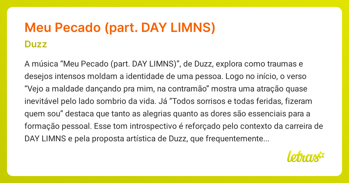 Significado da música MEU PECADO (PART. DAY LIMNS) (Duzz) - LETRAS.MUS.BR