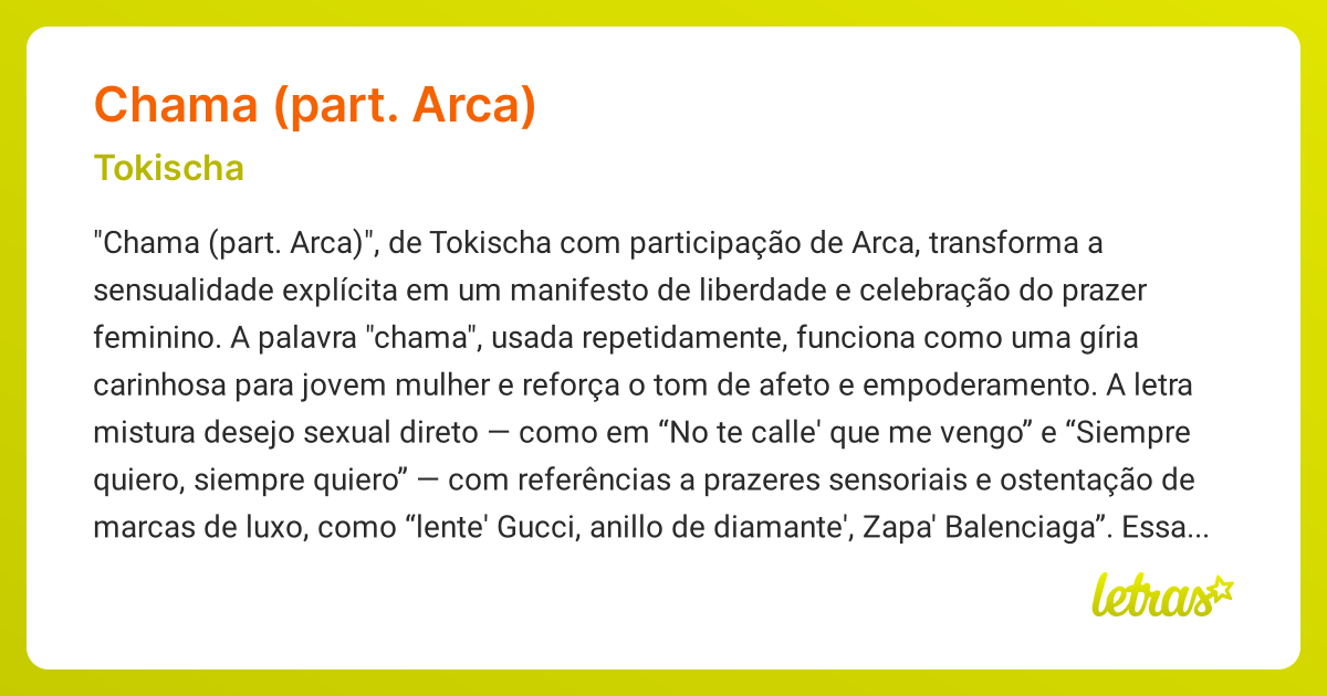 Significado da música CHAMA (PART. ARCA) (Tokischa) - LETRAS.MUS.BR