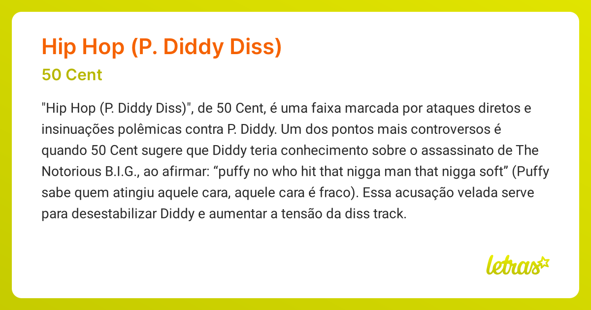 Significado da música HIP HOP (P. DIDDY DISS) (50 Cent) - LETRAS.MUS.BR