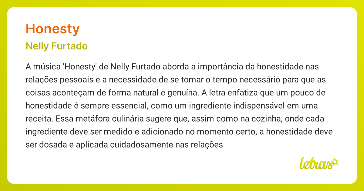 Significado da música HONESTY (Nelly Furtado) - LETRAS.MUS.BR
