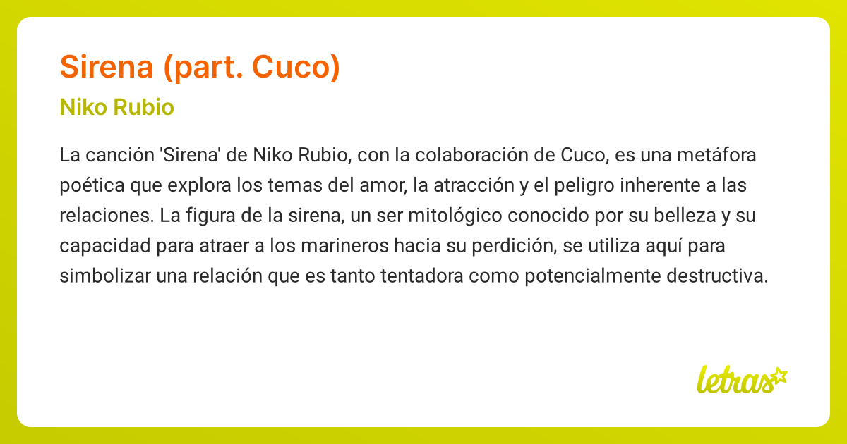 Significado de la canción SIRENA (PART. CUCO) (Niko Rubio) - LETRAS.COM