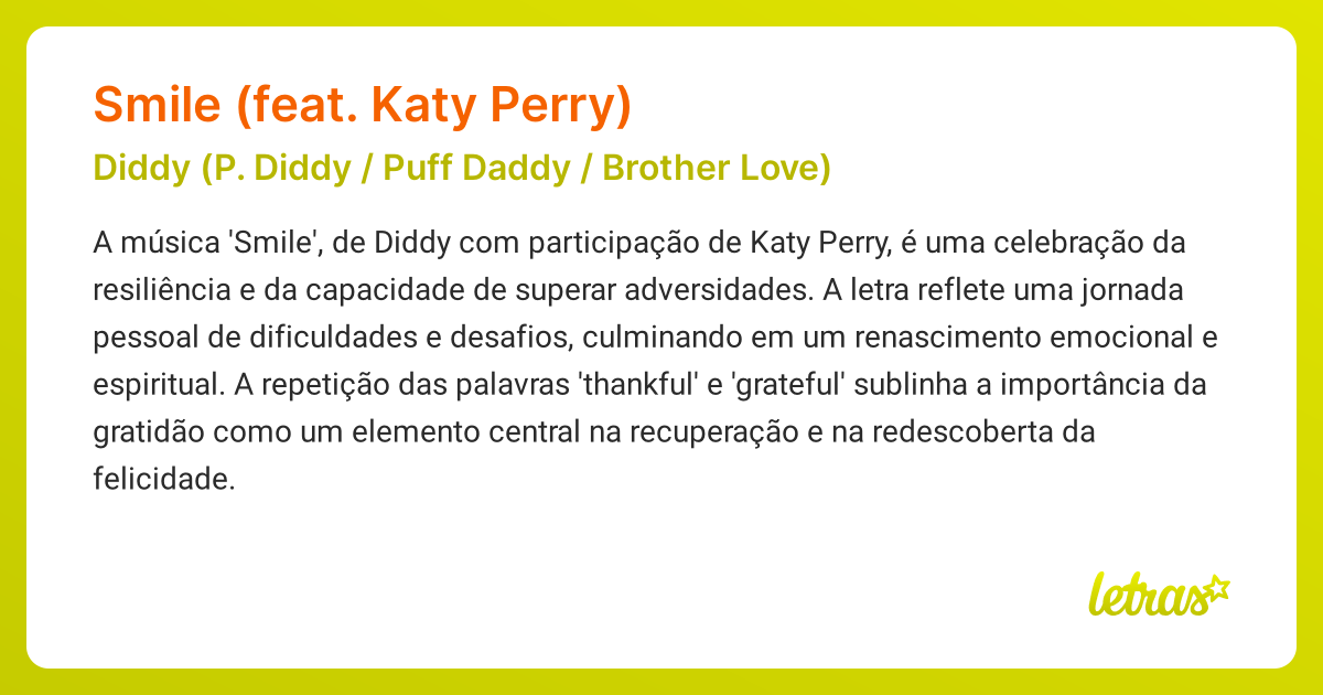 Significado da música SMILE (FEAT. KATY PERRY) (Diddy (P. Diddy / Puff ...