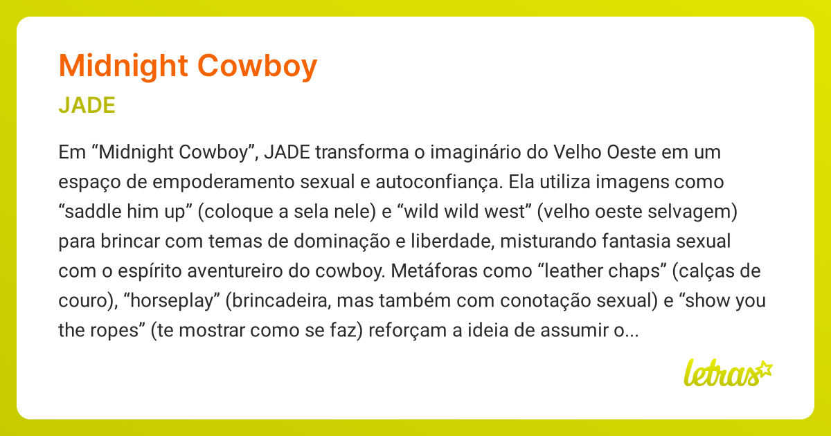 Significado da música MIDNIGHT COWBOY (JADE) - LETRAS.MUS.BR