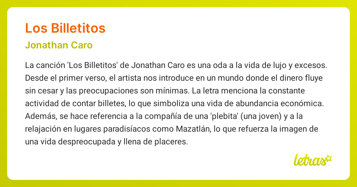 Significado de la canción LOS BILLETITOS (Jonathan Caro) - LETRAS.COM