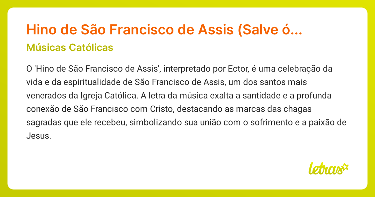 Significado da música Hino de São Francisco de Assis (Salve ó Francisco ...