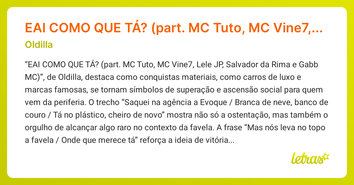 Significado da música EAI COMO QUE TÁ? (part. MC Tuto, MC Vine7, Lele ...