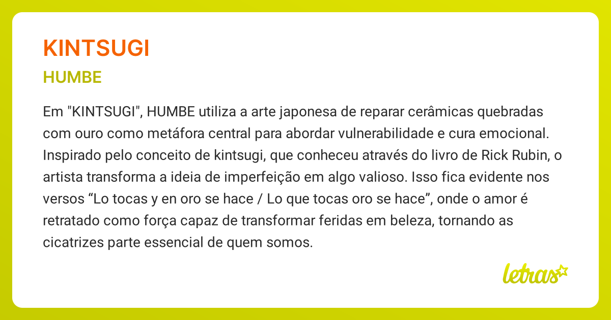 Significado da música KINTSUGI (HUMBE) - LETRAS.MUS.BR