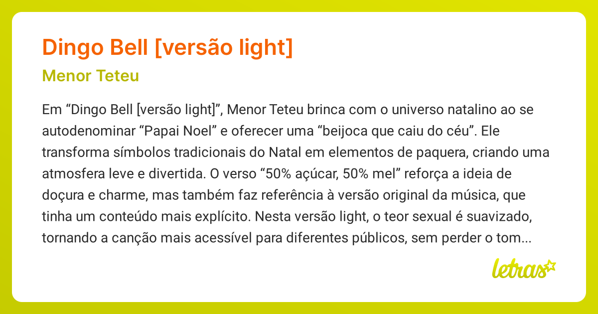 Significado da música DINGO BELL [VERSÃO LIGHT] (Menor Teteu) - LETRAS ...