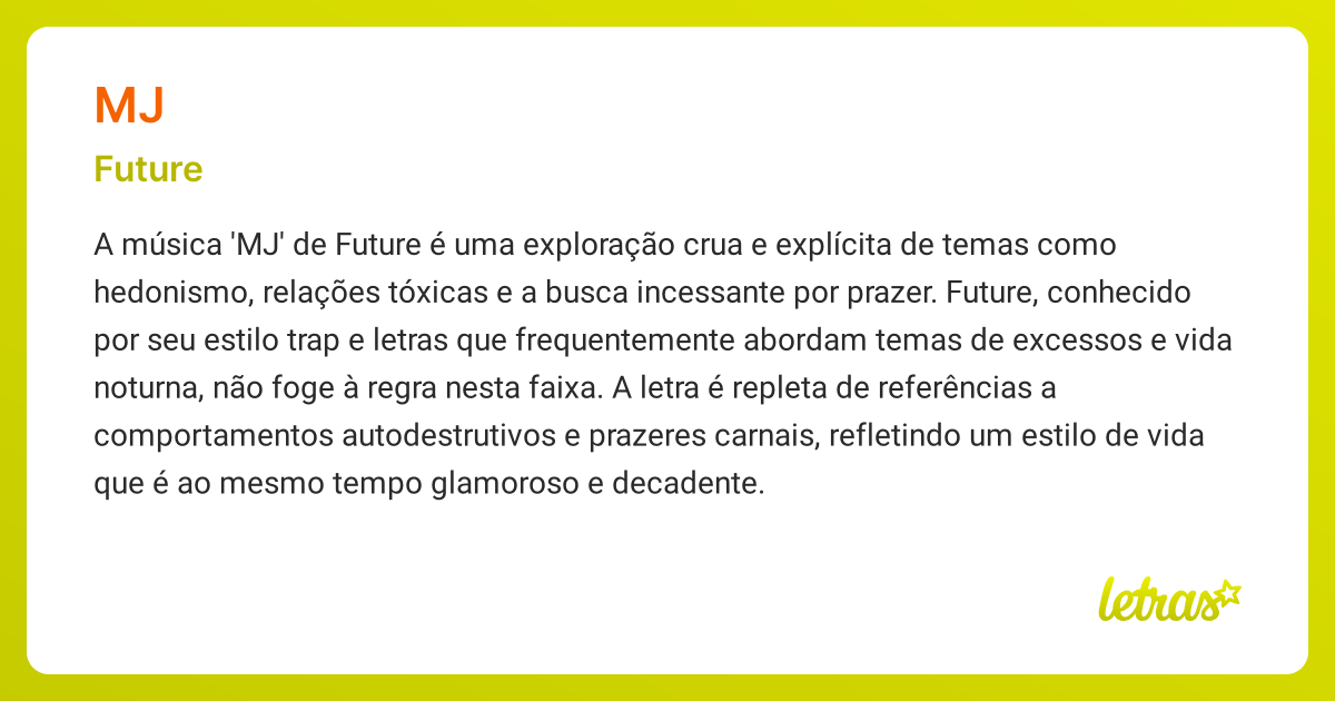 Significado da música MJ (Future) - LETRAS.MUS.BR