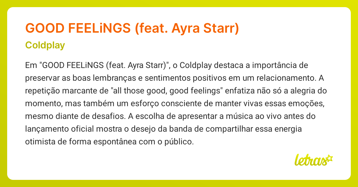 Significado da música GOOD FEELiNGS (feat. Ayra Starr) (Coldplay ...