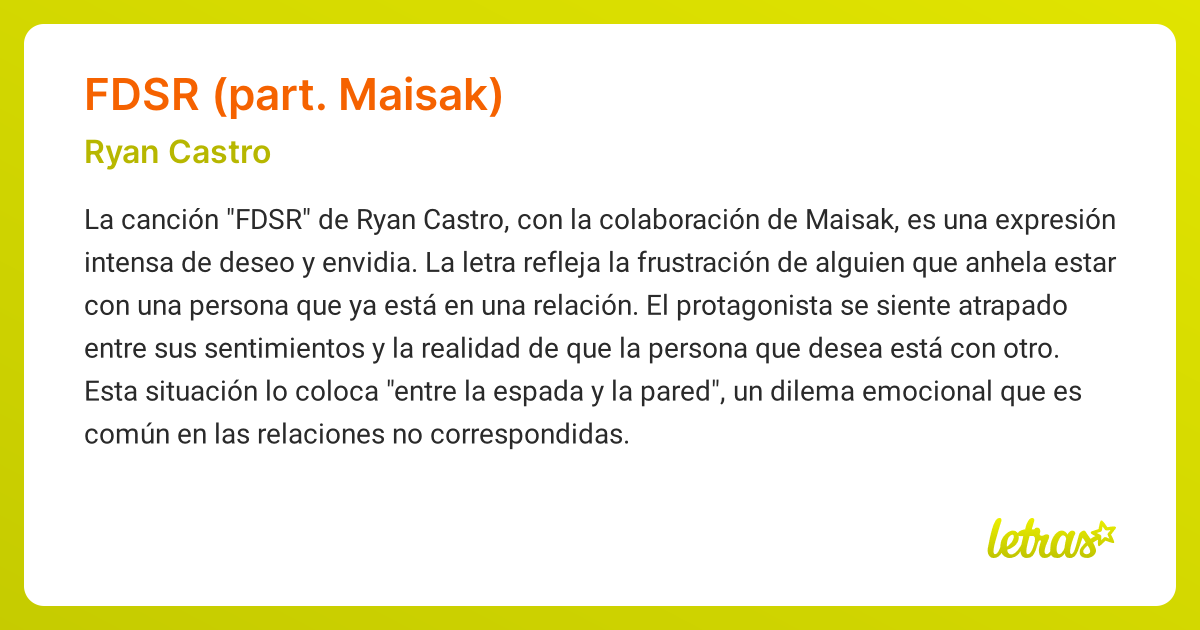 Significado de la canción FDSR (PART. MAISAK) (Ryan Castro) - LETRAS.COM
