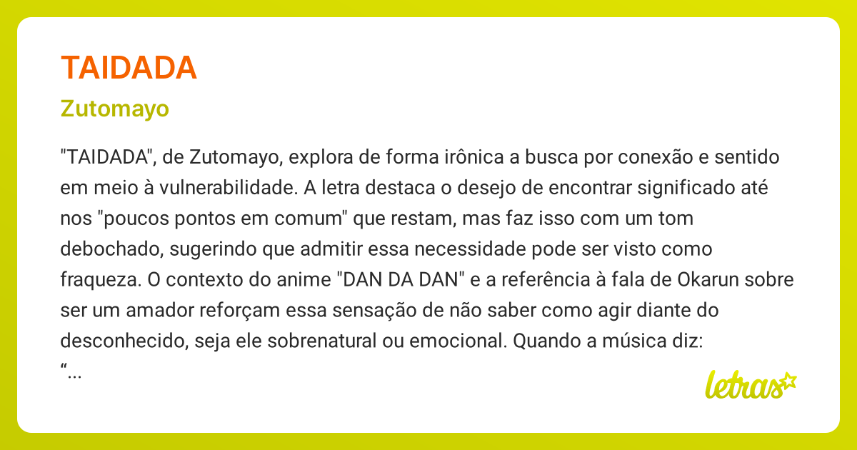 Significado da música TAIDADA (Zutomayo) - LETRAS.MUS.BR