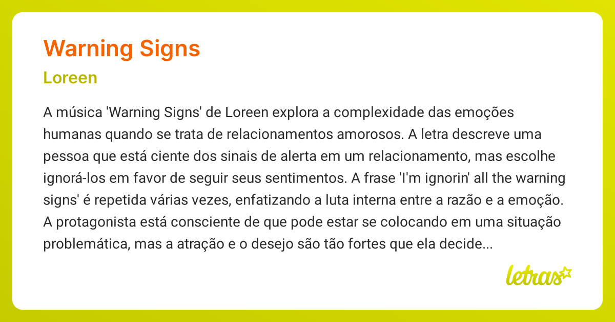 Significado da música WARNING SIGNS (Loreen) - LETRAS.MUS.BR