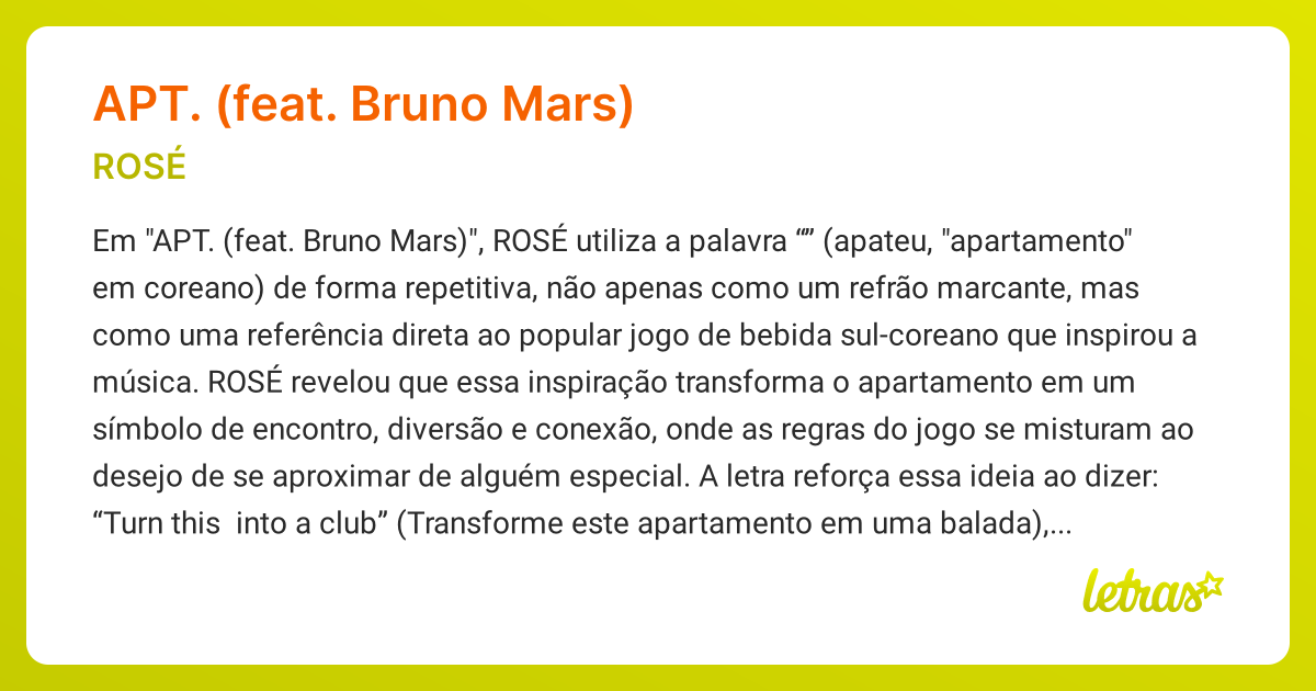 Significado da música APT. (FEAT. BRUNO MARS) (ROSÉ) - LETRAS.MUS.BR
