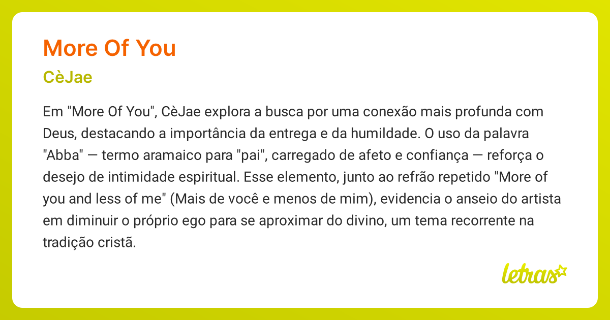 Significado da música MORE OF YOU (CèJae) - LETRAS.MUS.BR