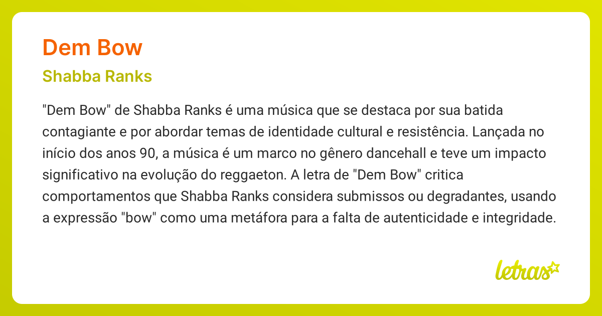 Significado da música DEM BOW (Shabba Ranks) - LETRAS.MUS.BR