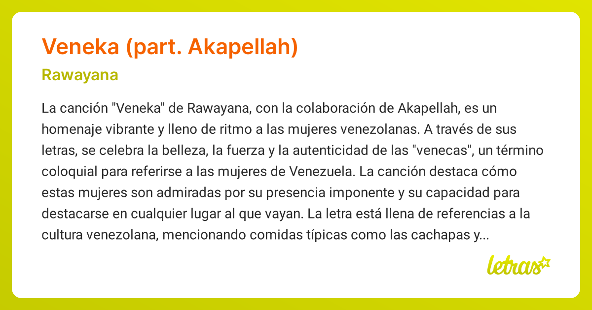 Significado de la canción VENEKA (PART. AKAPELLAH) (Rawayana) - LETRAS.COM