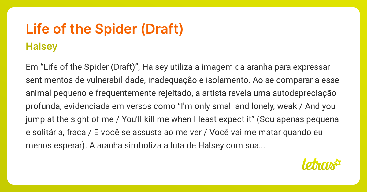 Significado da música LIFE OF THE SPIDER (DRAFT) (Halsey) - LETRAS.MUS.BR