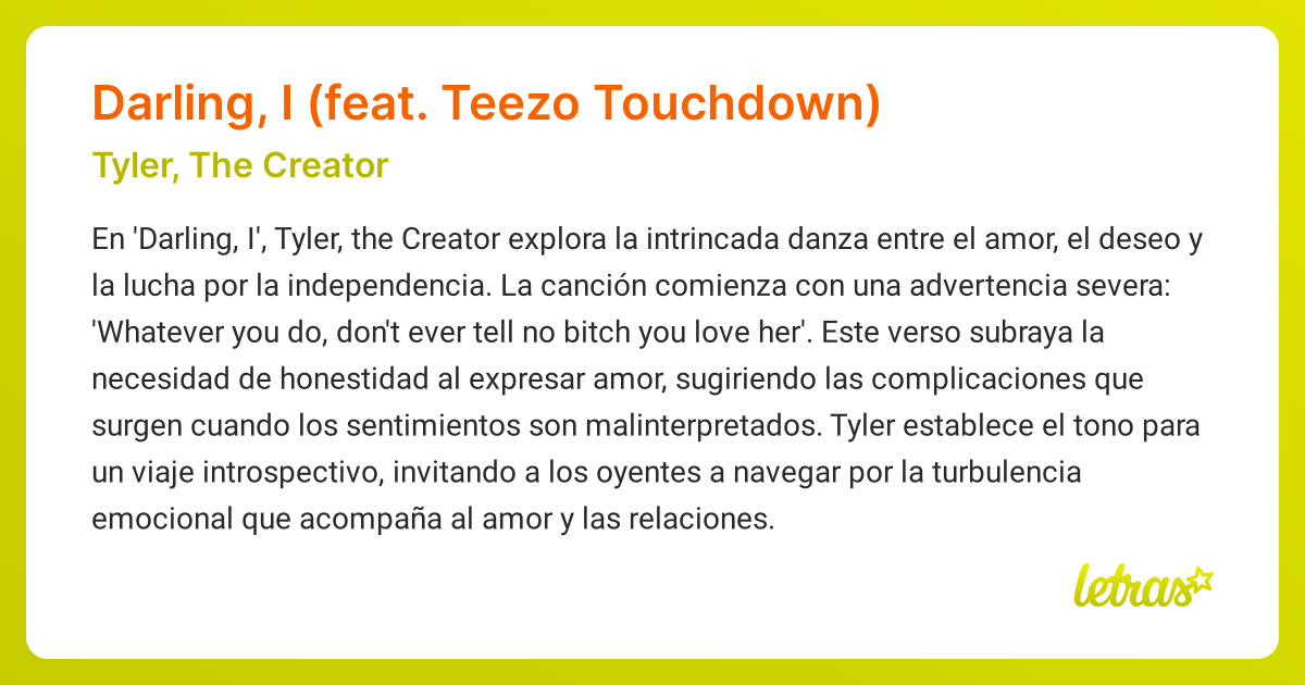 Significado de la canción Darling, I (feat. Teezo Touchdown) (Tyler ...