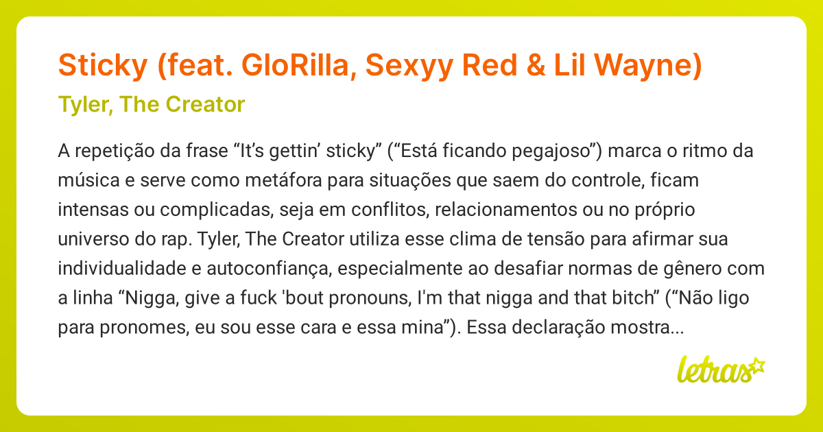 Significado da música Sticky (feat. GloRilla, Sexyy Red & Lil Wayne) (Tyler, The Creator ...