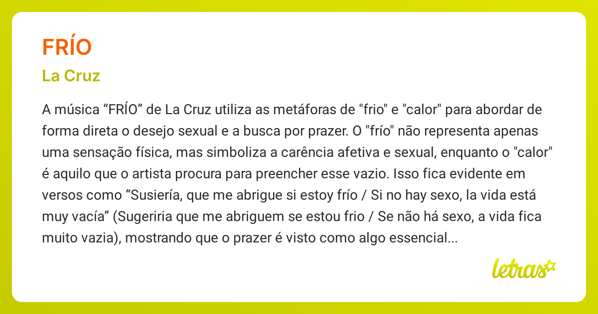 Significado da música FRÍO (La Cruz) - LETRAS.MUS.BR