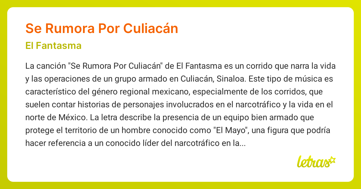 Significado de la canción SE RUMORA POR CULIACÁN (El Fantasma) - LETRAS.COM