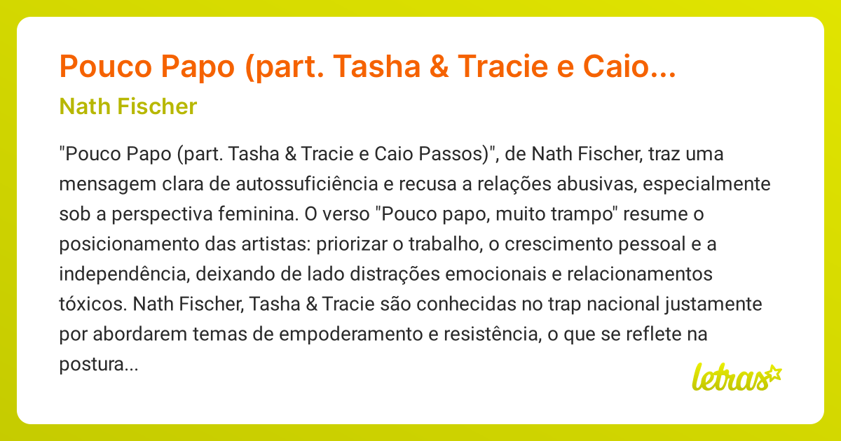 Significado da música Pouco Papo (part. Tasha & Tracie e Caio Passos ...