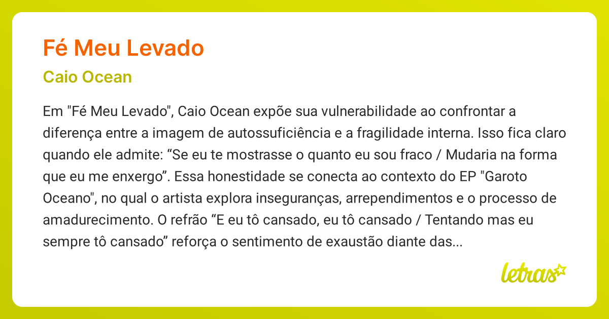 Significado da música FÉ MEU LEVADO (Caio Ocean) - LETRAS.MUS.BR