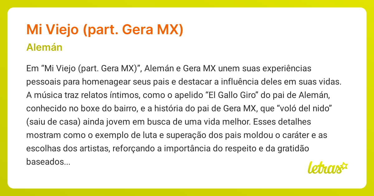 Significado da música MI VIEJO (PART. GERA MX) (Alemán) - LETRAS.MUS.BR