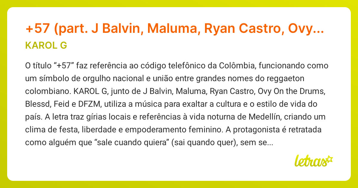 Significado da música +57 (part. J Balvin, Maluma, Ryan Castro, Ovy On ...