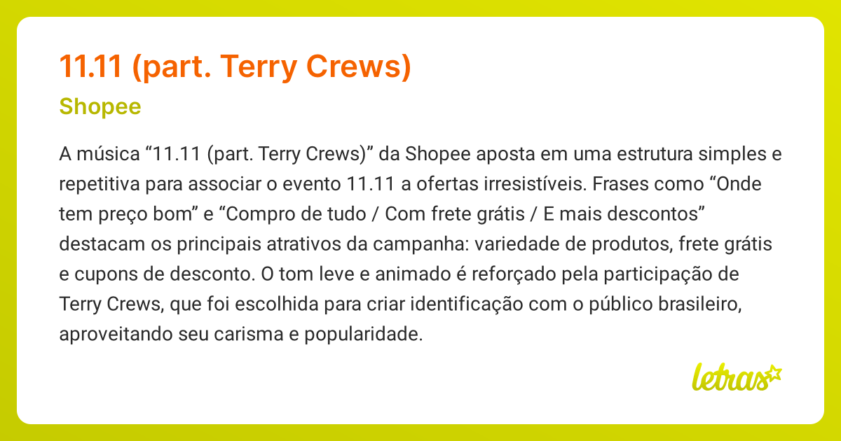 Significado da música 11.11 (PART. TERRY CREWS) (Shopee) - LETRAS.MUS.BR