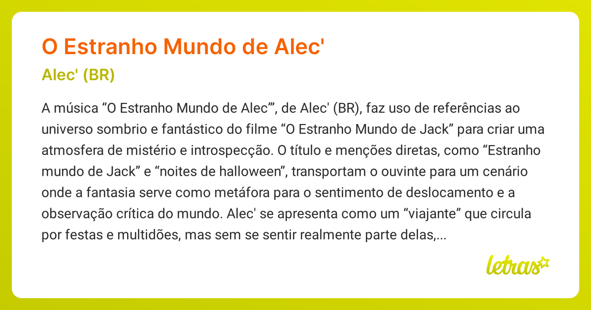 Significado da música O ESTRANHO MUNDO DE ALEC' (Alec' (BR)) - LETRAS ...